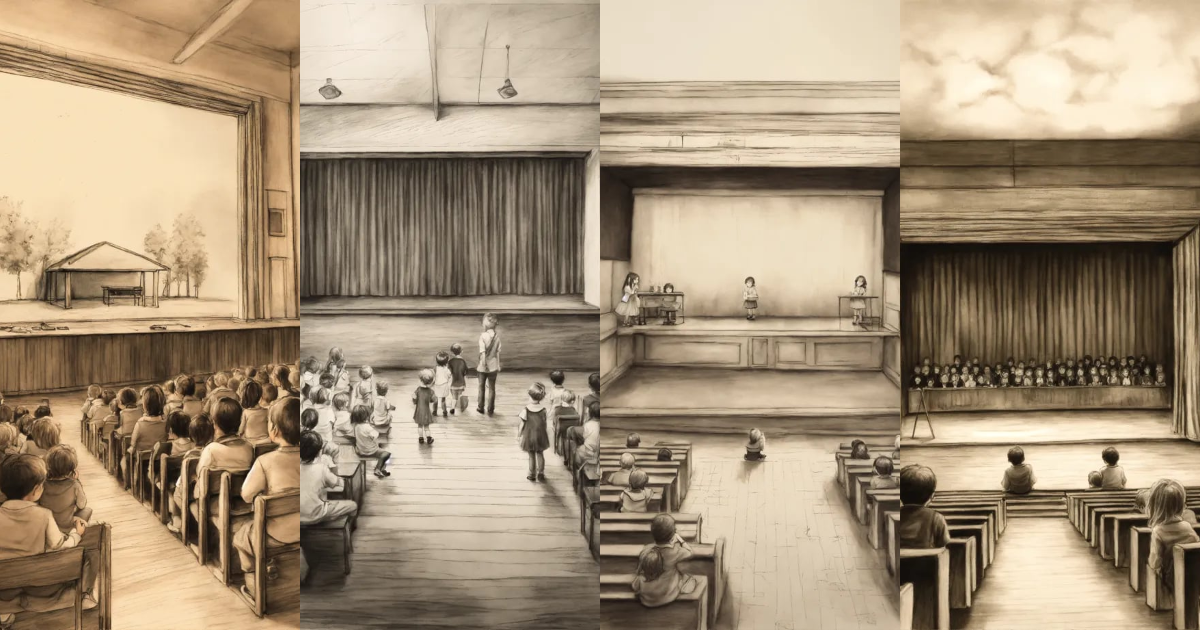 Lexica - Pencil drawing of a shabby school stage with 4-years-old kids ...