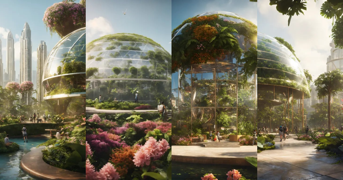 Lexica - Futuristic city, ludic space, nature, dome CONFERENCE, transparente, amazon rainforest ...