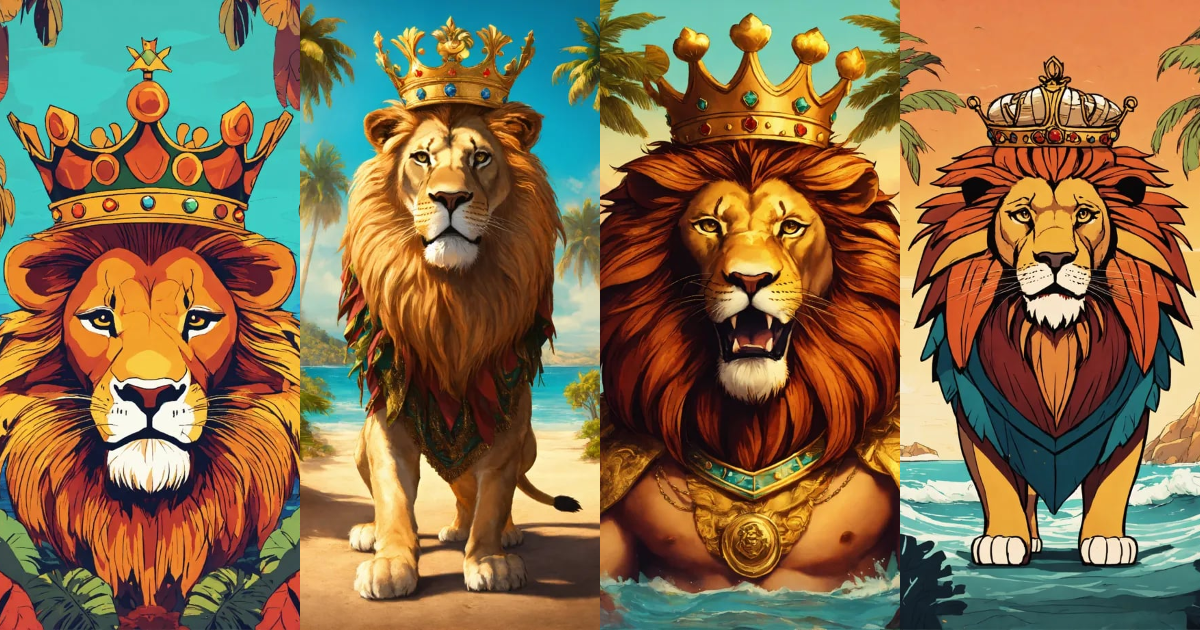 Lexica - A lion roaring among the palm trees by the ocean. a big king's ...