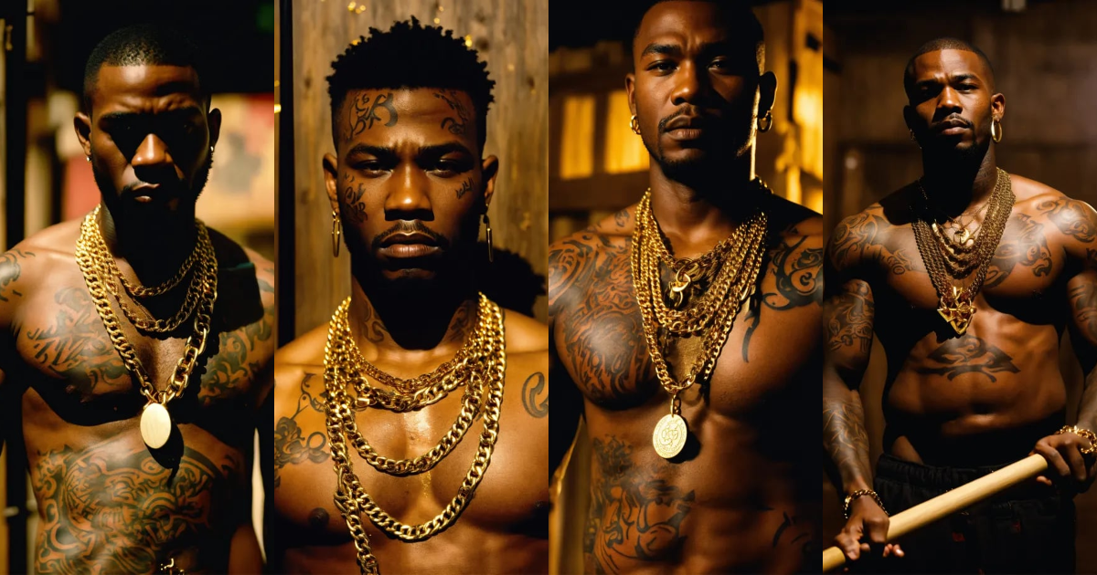 Lexica - A shirtless African-American gang member covered in tattoos ...