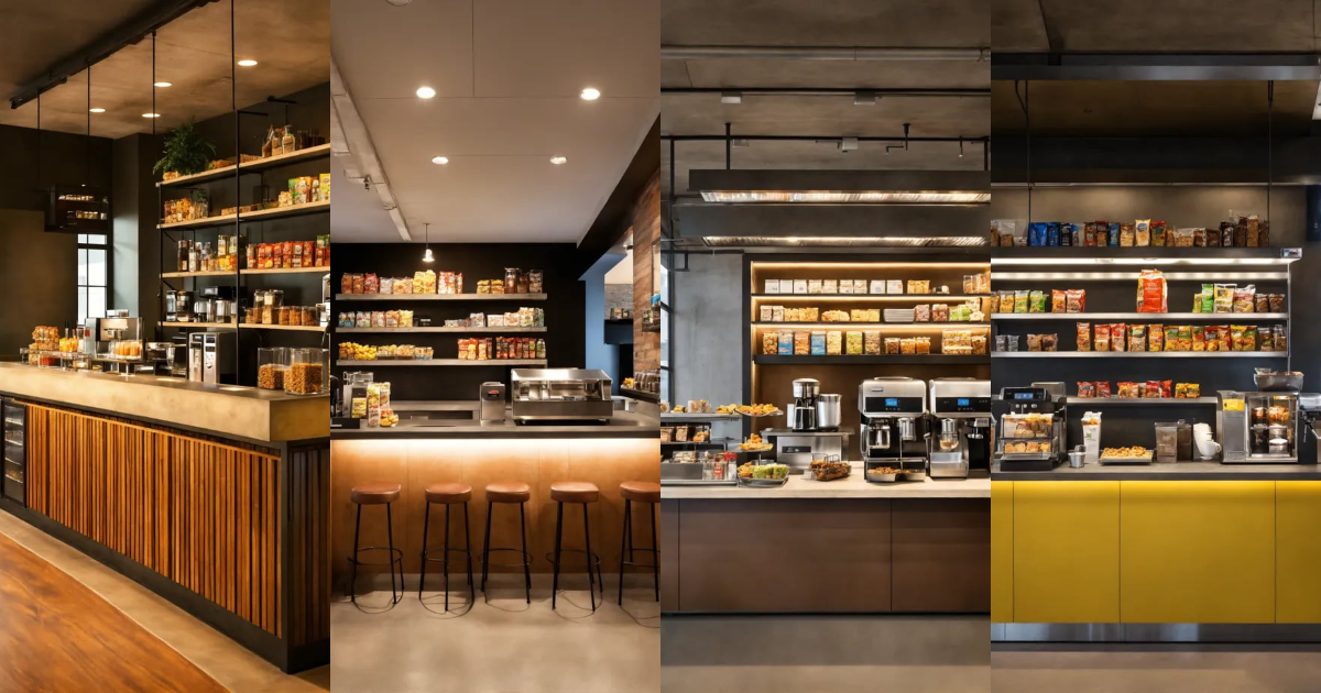 Lexica - A self serve breakroom snack bar with snacks on an easy to reach shelf for employees to ...