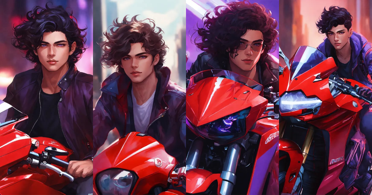 Lexica - Illustration of young man with violet eyes, riding red Ducati ...