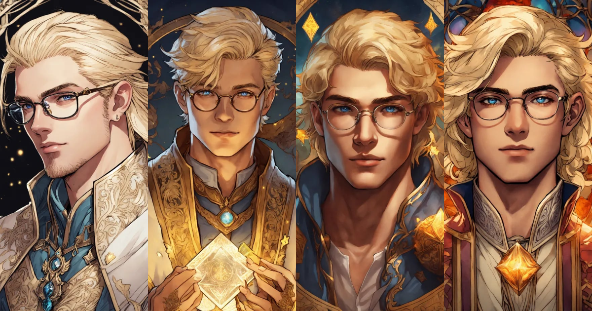 Lexica - Heroic blonde male mage, glasses, magical cards, fantasy art ...