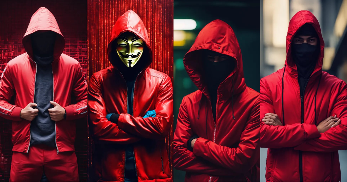 Lexica - Anonymous hacker in red jacket with hidden face with arms crossed