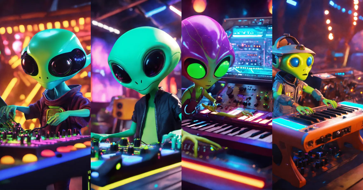 Lexica - Zoom out funky alien cartoon character turning knobs on a ...