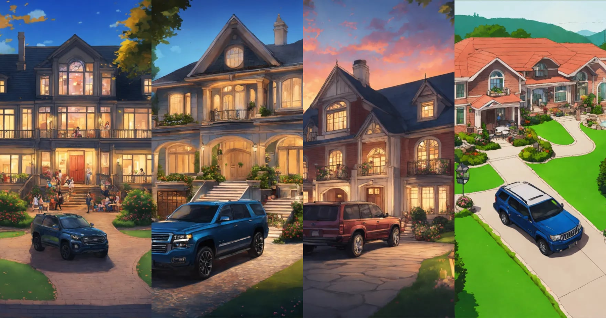 Lexica - Image of a large house hosting a party with suv's parked in a ...