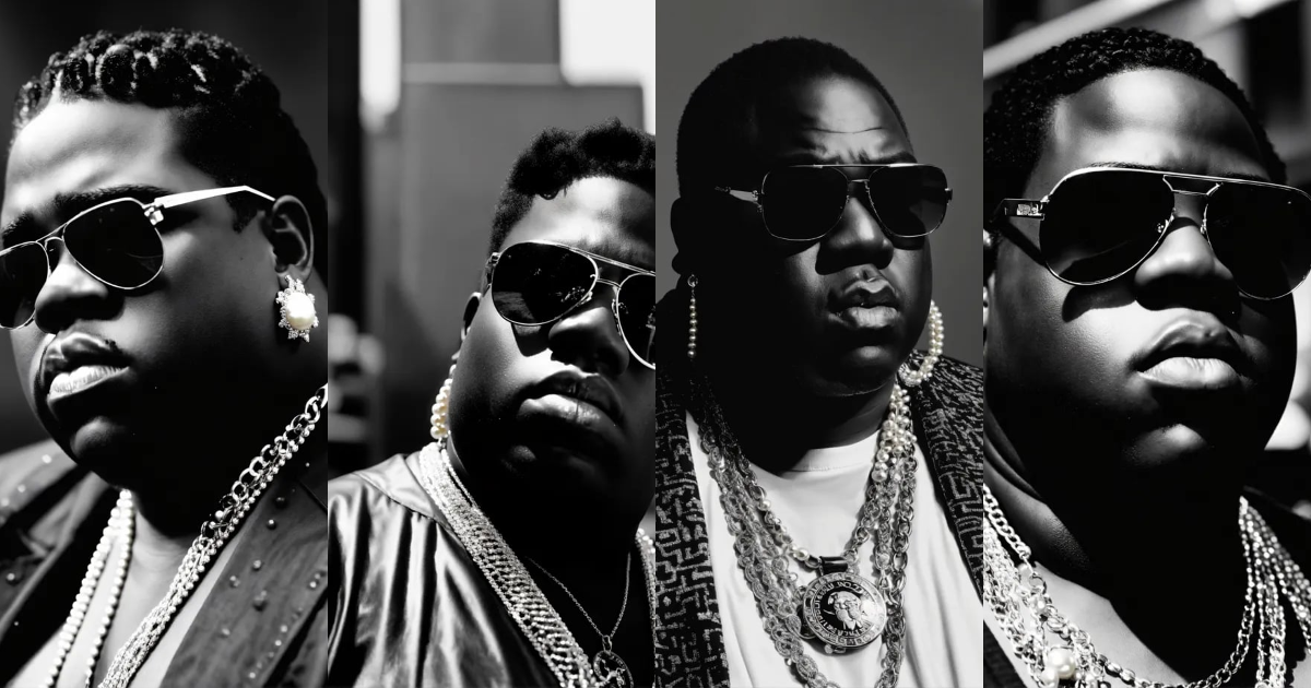 Lexica - Notorious BIG, wearing pearl earrings, black and white ...