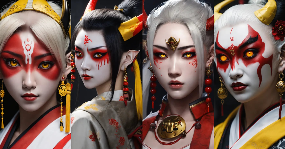 Lexica - A japanese female oni, white ponytail, yellow eyes with black ...