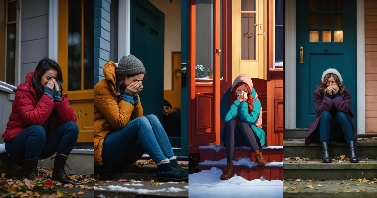 Lexica - A woman is sitting on the doorstep of a house outside in the ...
