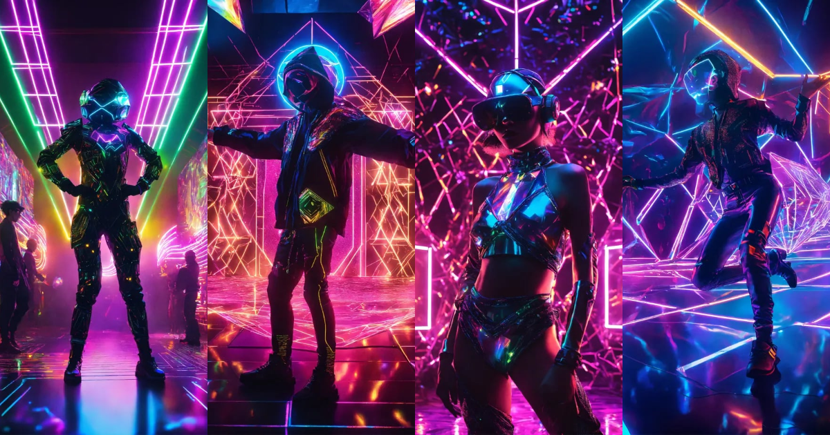 Lexica - Cyber Raver dancing in diamond and shimmer black neon light ...