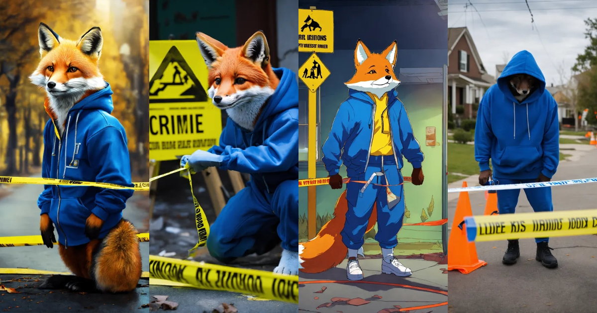 Lexica - A fox in a blue hoodie securing a crime scene with caution tape.