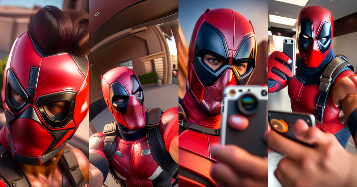 Lexica - Marvels Deadpool taking a selfie with a GoPro in Los Angeles, a selfie, one hand ...