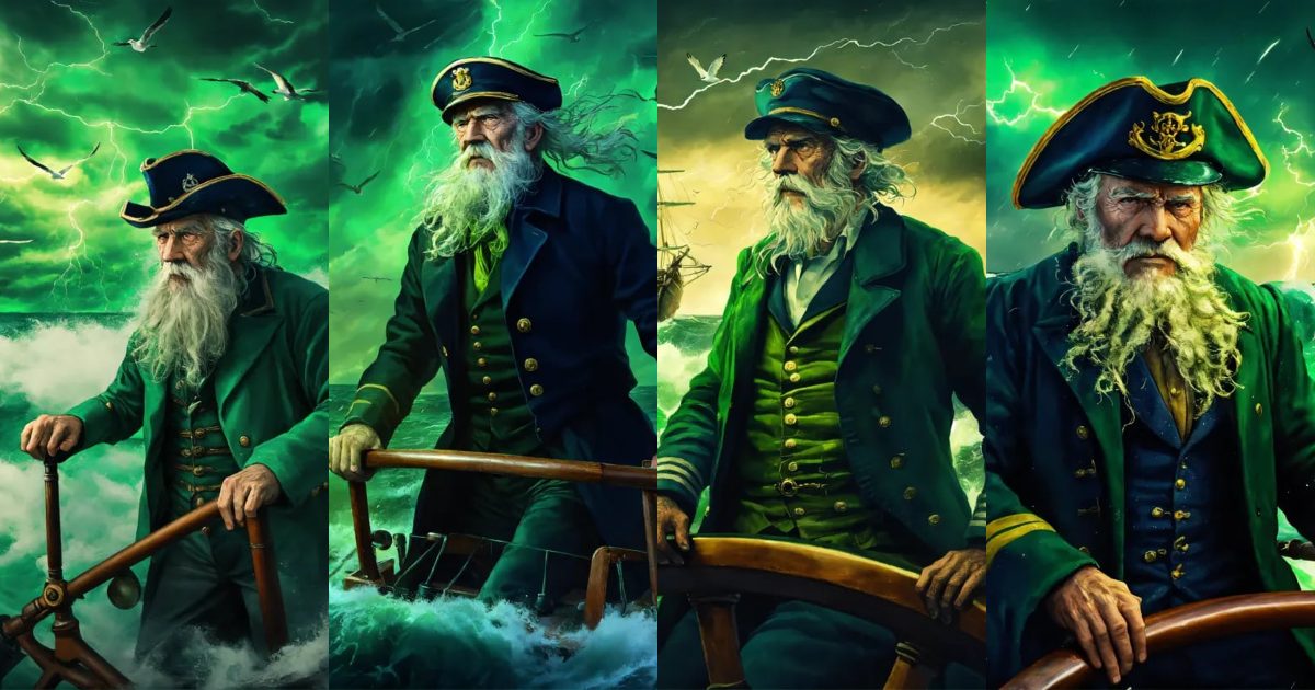 Lexica - An determined old sea captain with a weathered face steering ...