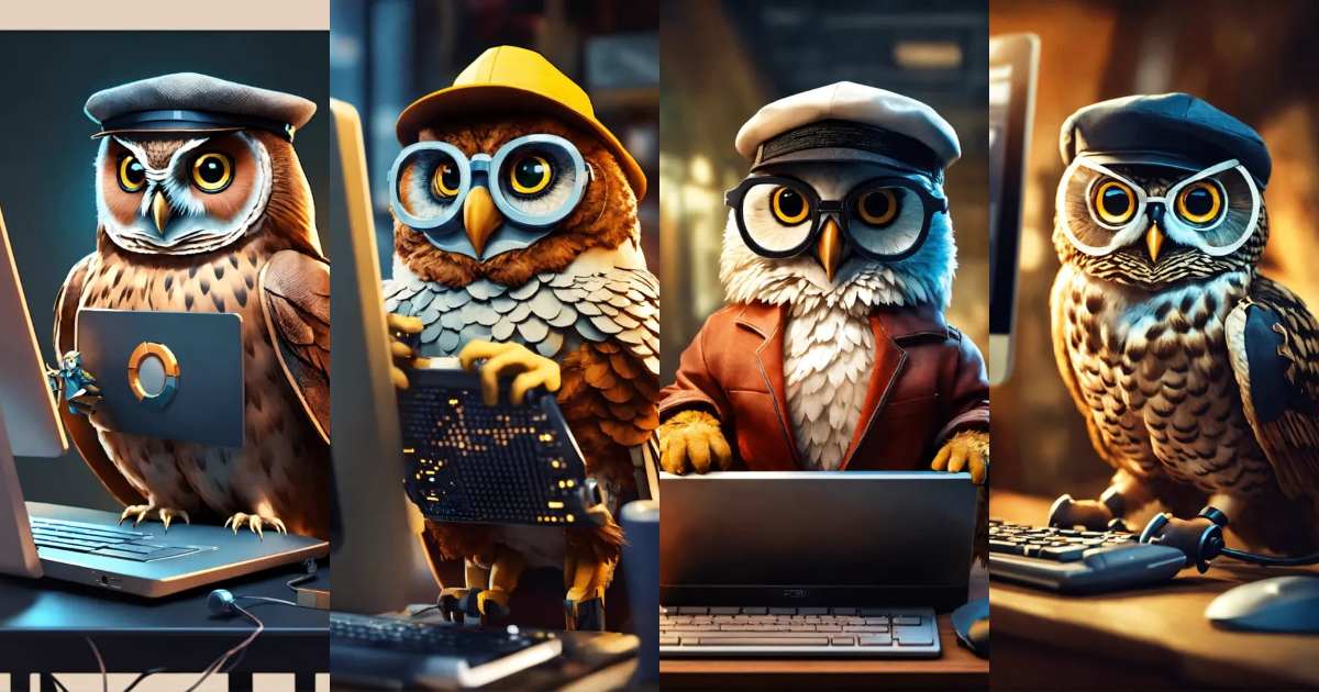 Lexica - An anthropomorphic owl in a dynamic action working on his ...