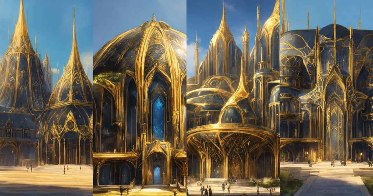 Lexica - Drawing of the full image of a massive black and gold elegant high elf sci fi palace ...