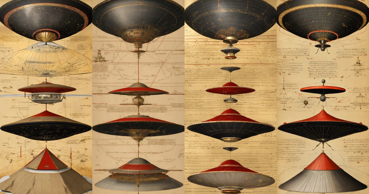 Lexica - A 3D render of a UFO in silver, black, gold, and red with ...