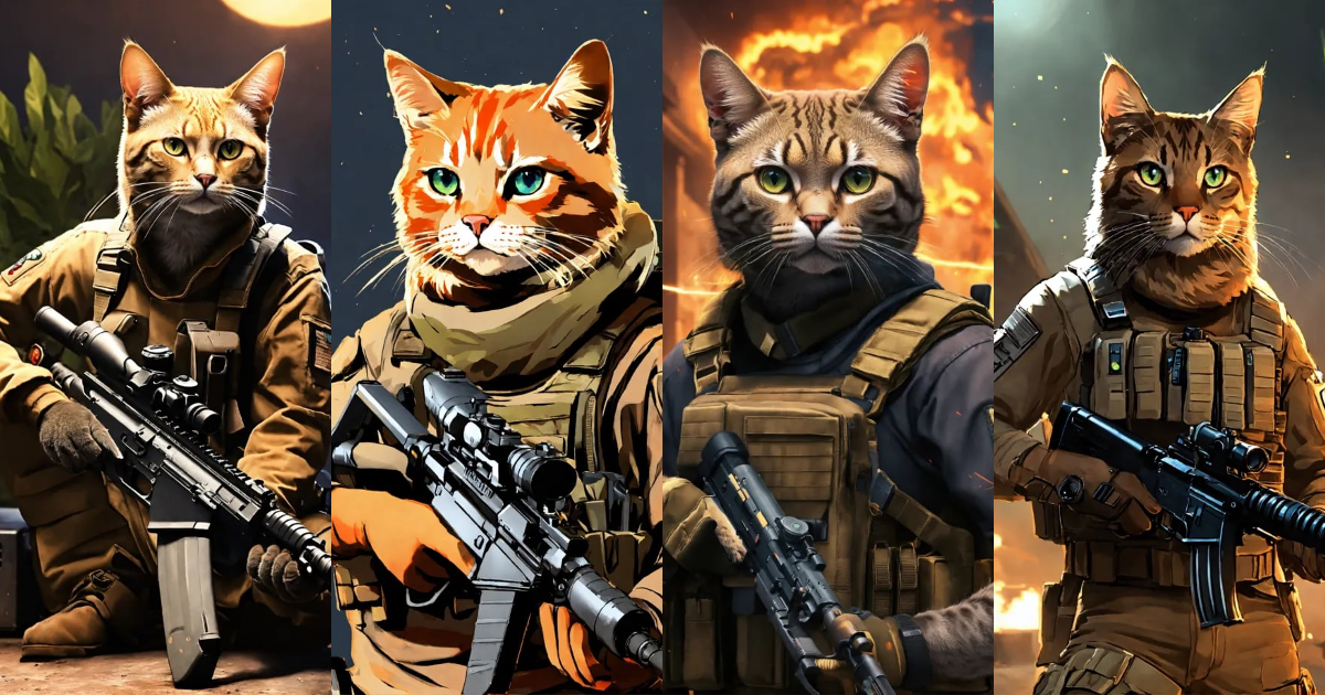 Lexica - Call of duty but all the guns are grey brown cats who look ...
