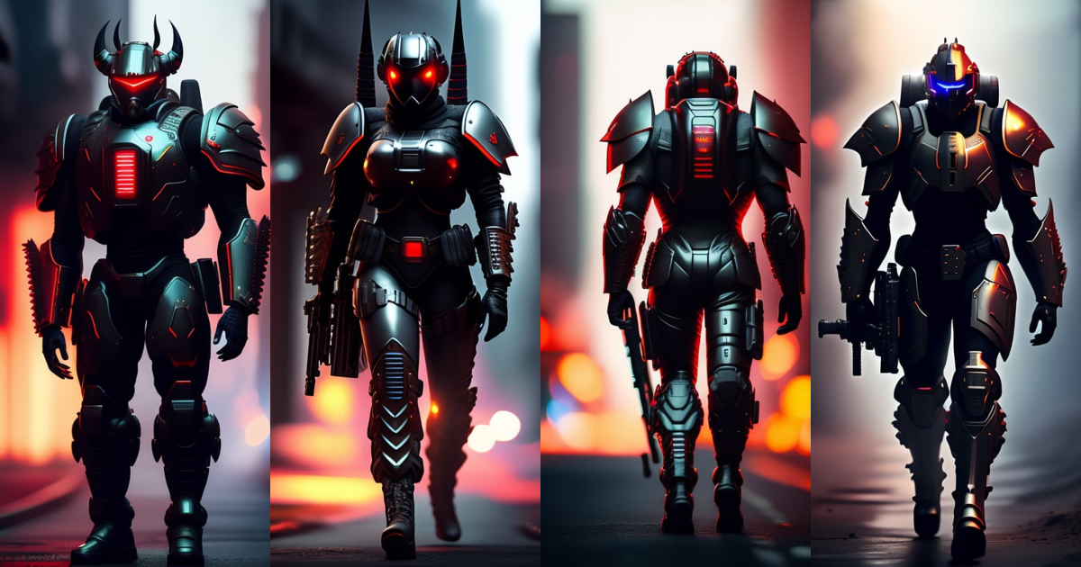 Lexica - Military devil with a machine gun walking with a bionic face ...