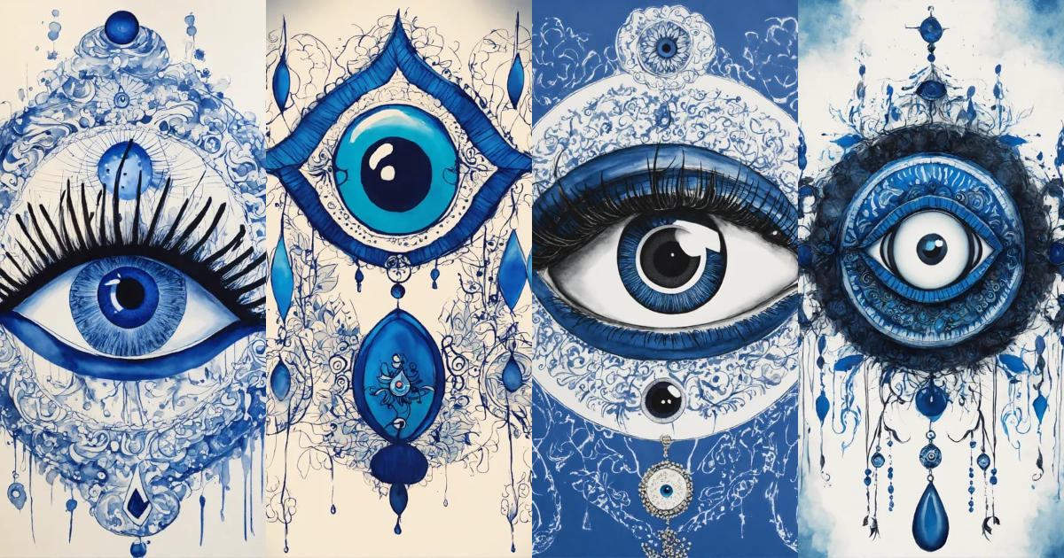 Lexica - Ink drawing of illustrative image of evil eye (blue) with ...