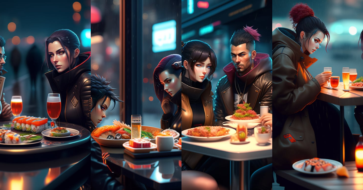 Lexica - A group of cyberpunk cyborg eating sushi on a table outside in ...