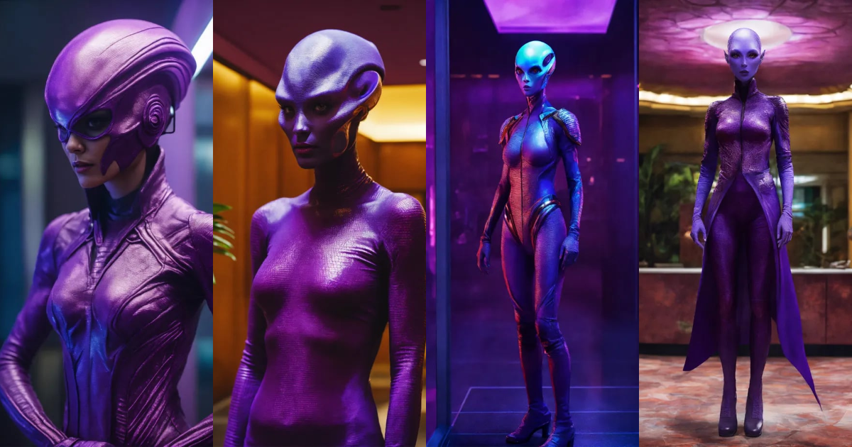 Lexica - Purple skin human looking alien female, standing in lobby ...