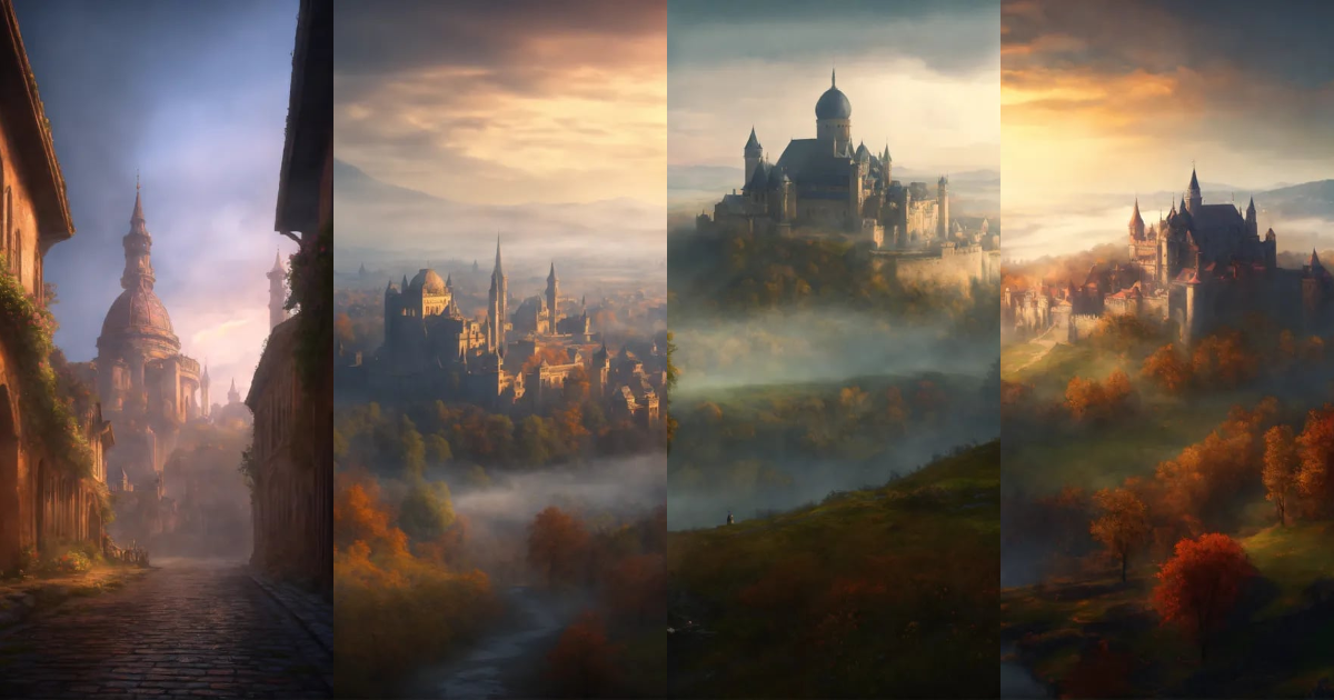 Lexica - In the distance, a town with a palace. Medieval. A misty aura ...