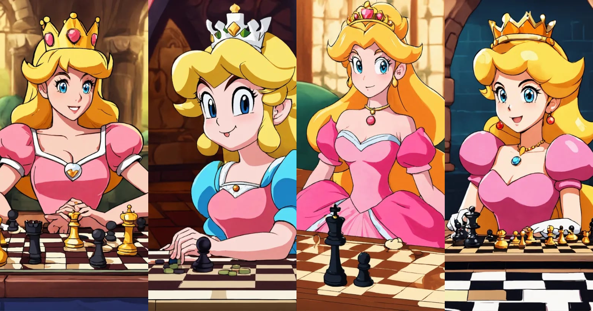 Lexica - Princess Peach playing chess, cartoon style.