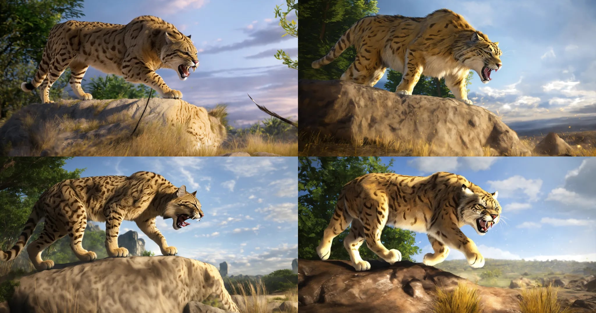 Lexica - Sabertooth cat Attacking with long canines, photorealistic