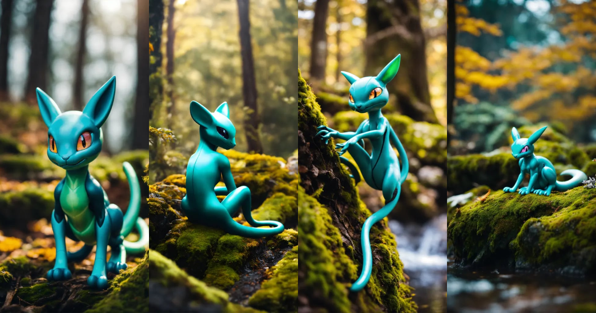 Lexica - A realistic mewtwo animal among the trees, forest lake, moss ...