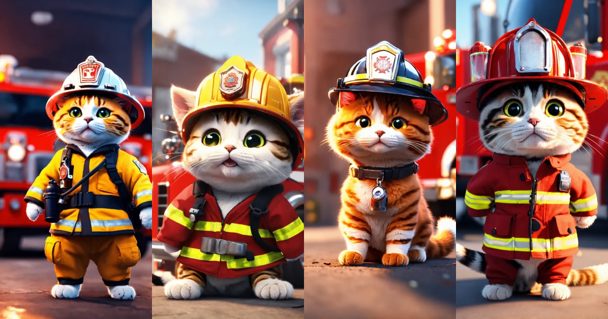 Lexica - Cute happy firefighter cat, firetruck in the background ...