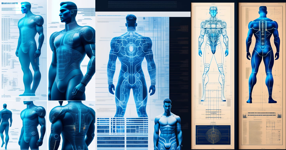 Lexica - Detailed schematics of a male cyborg, Venetian man, blueprints ...