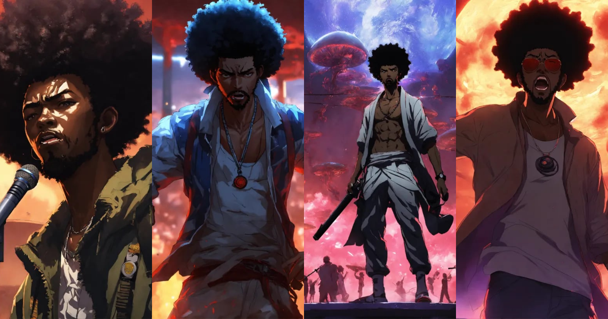 Lexica - Afro samurai anime, man rapping angrily on microphone with ...