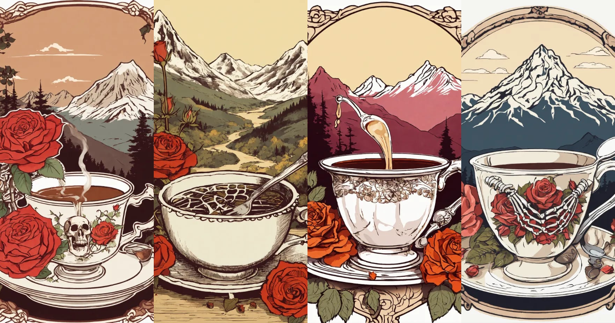 Lexica - Sticker, skeleton hand holding a vintage tea cup, hot tea ...