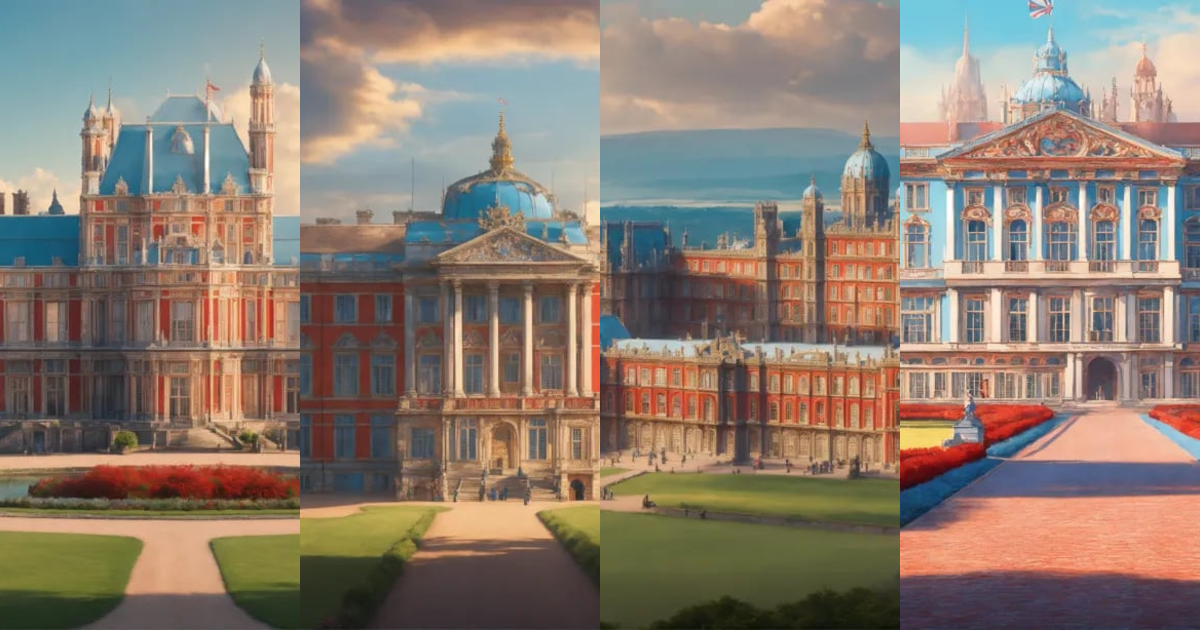 Lexica - Full image of a massive palace with light blue and red designs ...