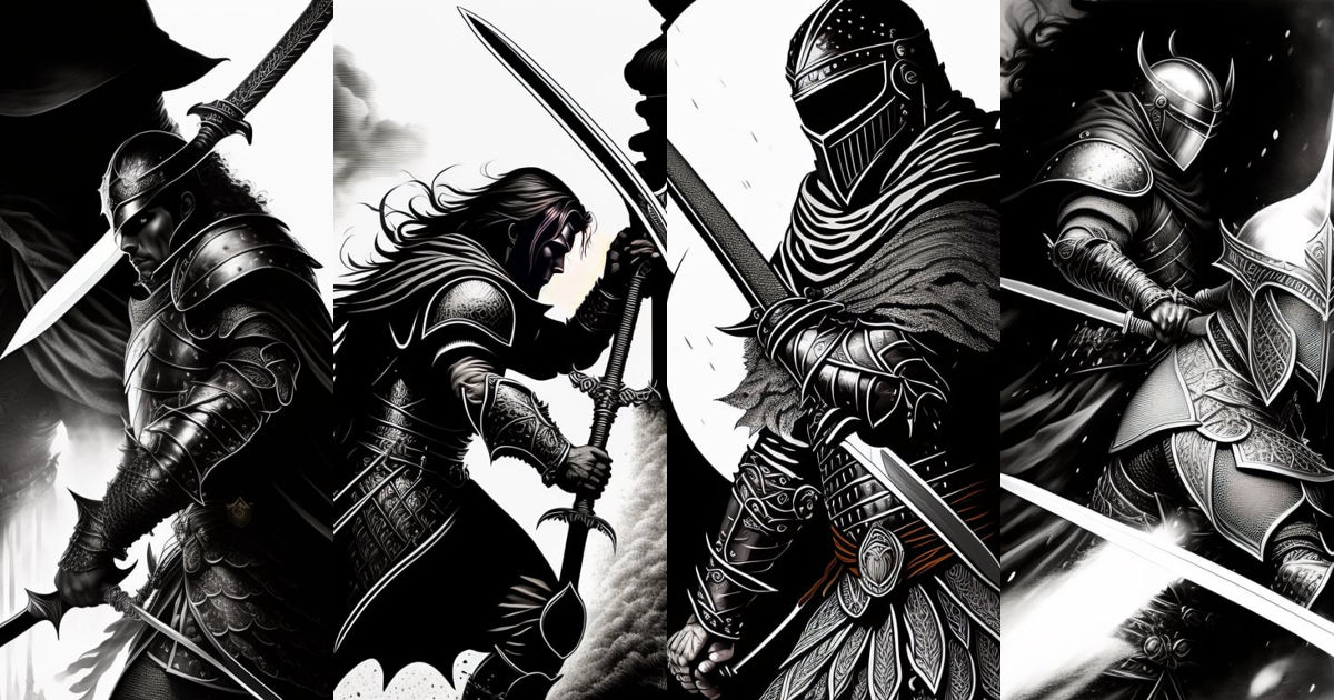 Lexica - Male knight raising sword, fighting a zombie, black and white ...