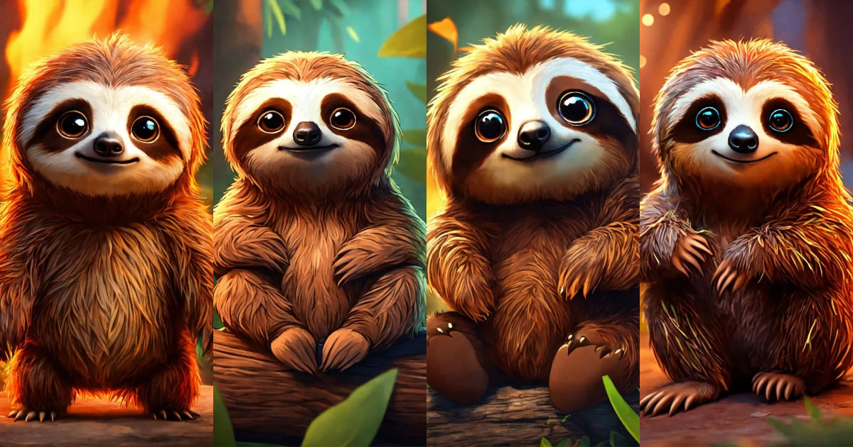 Lexica - A cute fire fur baby sloth with big eyes, animated, cartoon ...