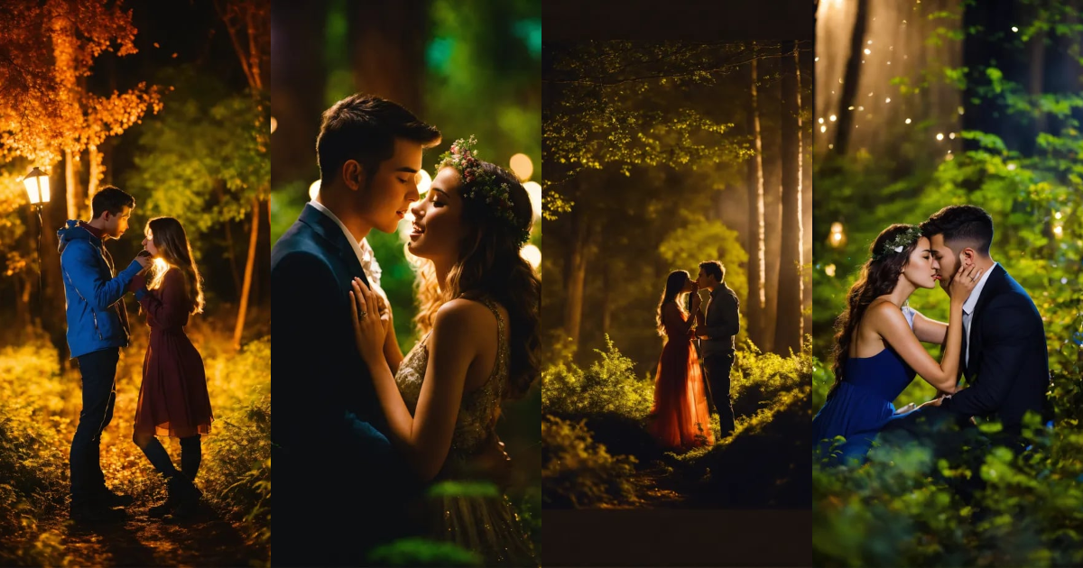 Lexica - Young couple whispering in enchanted forest at midnight