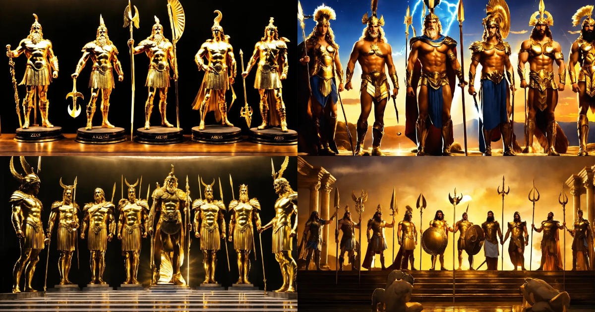Lexica - Zeus, Poseidon, Ares, Artemis and Hermes, Golden armour ...