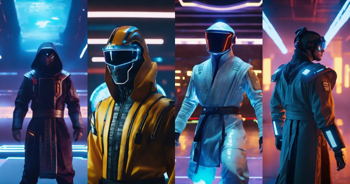 Lexica - Zoom out from a futuristic martial arts master hacker, wearing ...