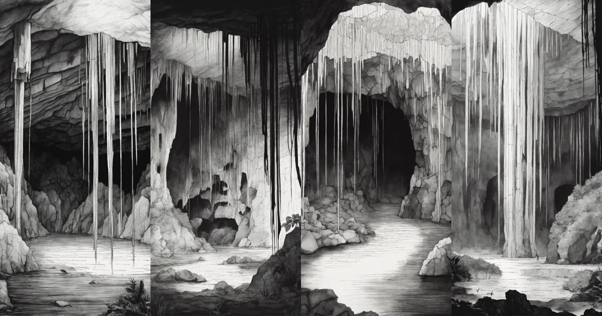 Lexica - Black and white drawing of a cave, cenotes, with cracks, a ...