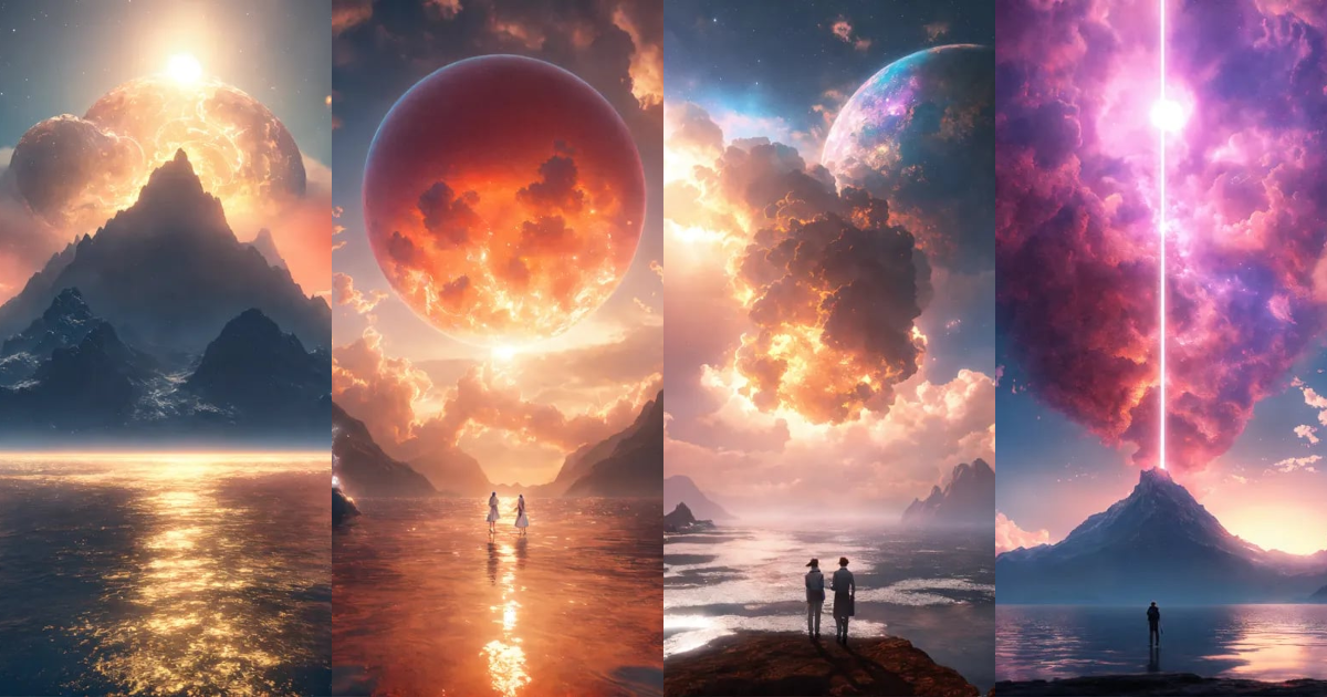 Lexica - Two celestial beings, seraphim, light in love cloud, being reincarnated into an ocean ...