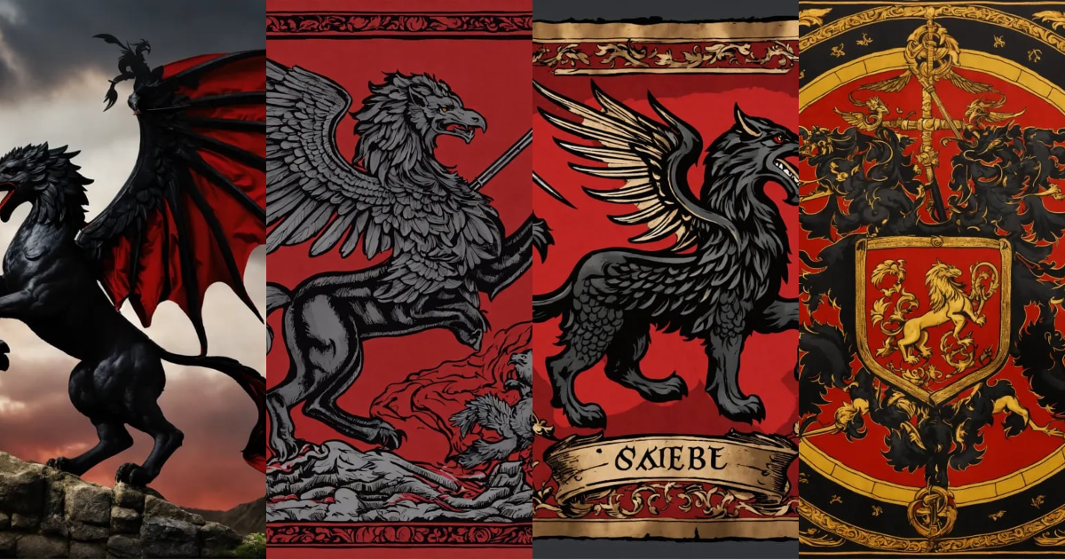 Lexica - A black and red medieval battle banner with a griffin