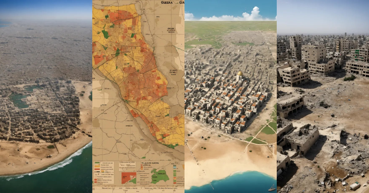 Lexica - Gaza city, map, land, geography, crumbled structures, war.