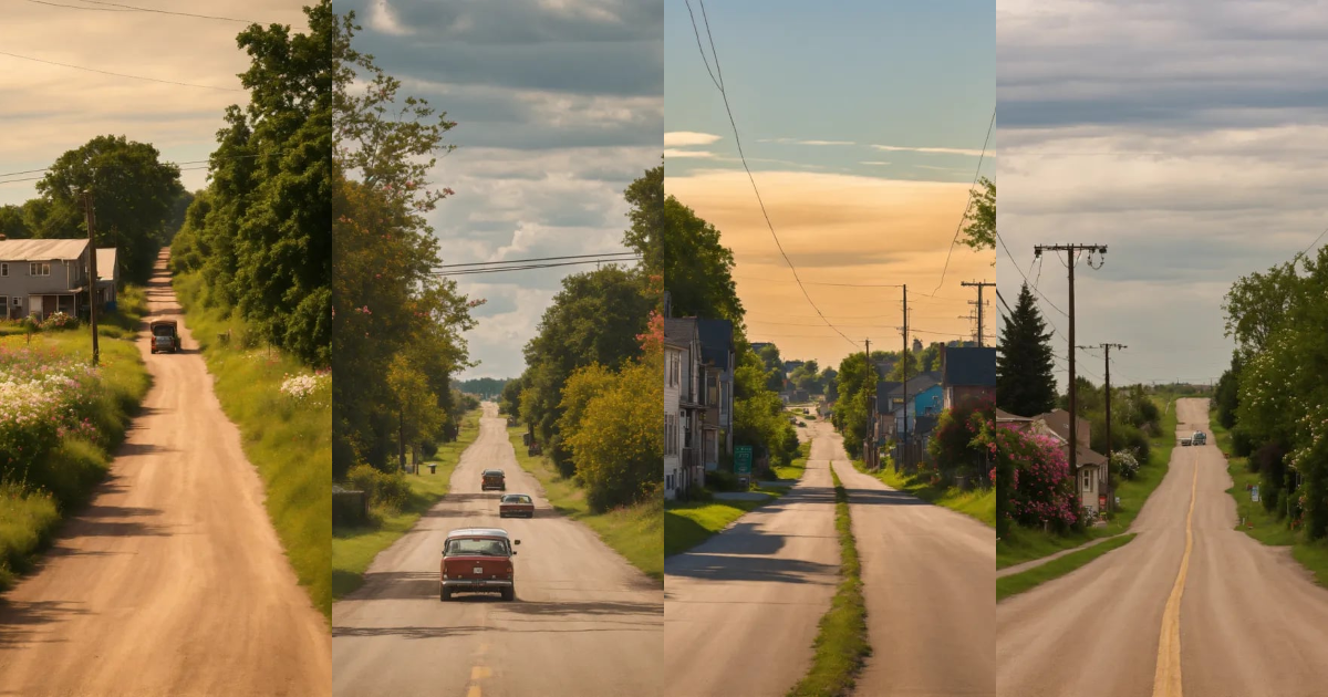 Lexica - A dirt road splits into two lanes. The left lane is wide and ...
