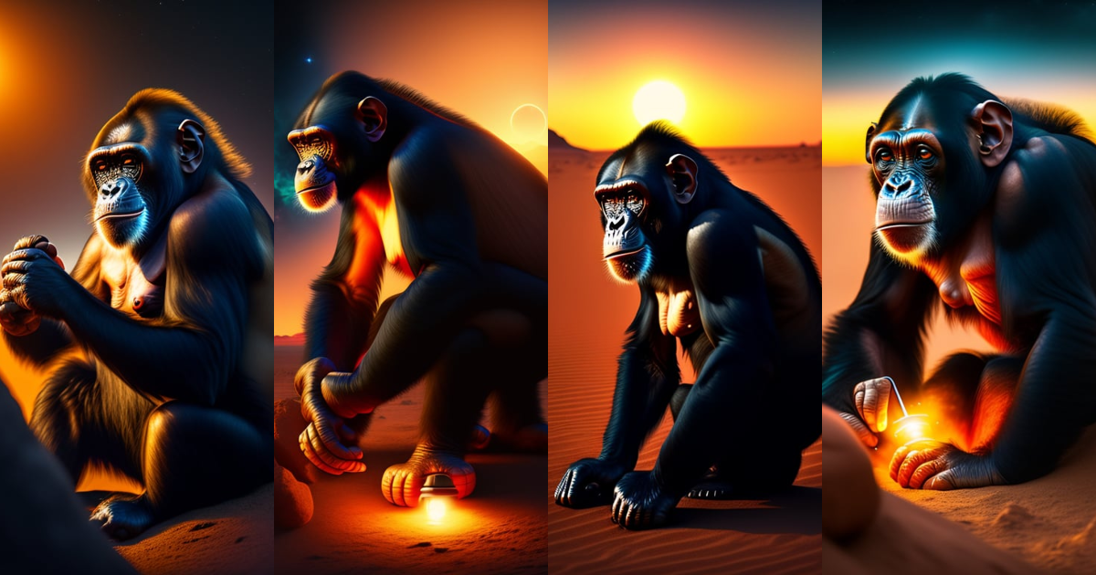 Lexica - Un chimpancé tecleando en un portátil al anochecer en marte