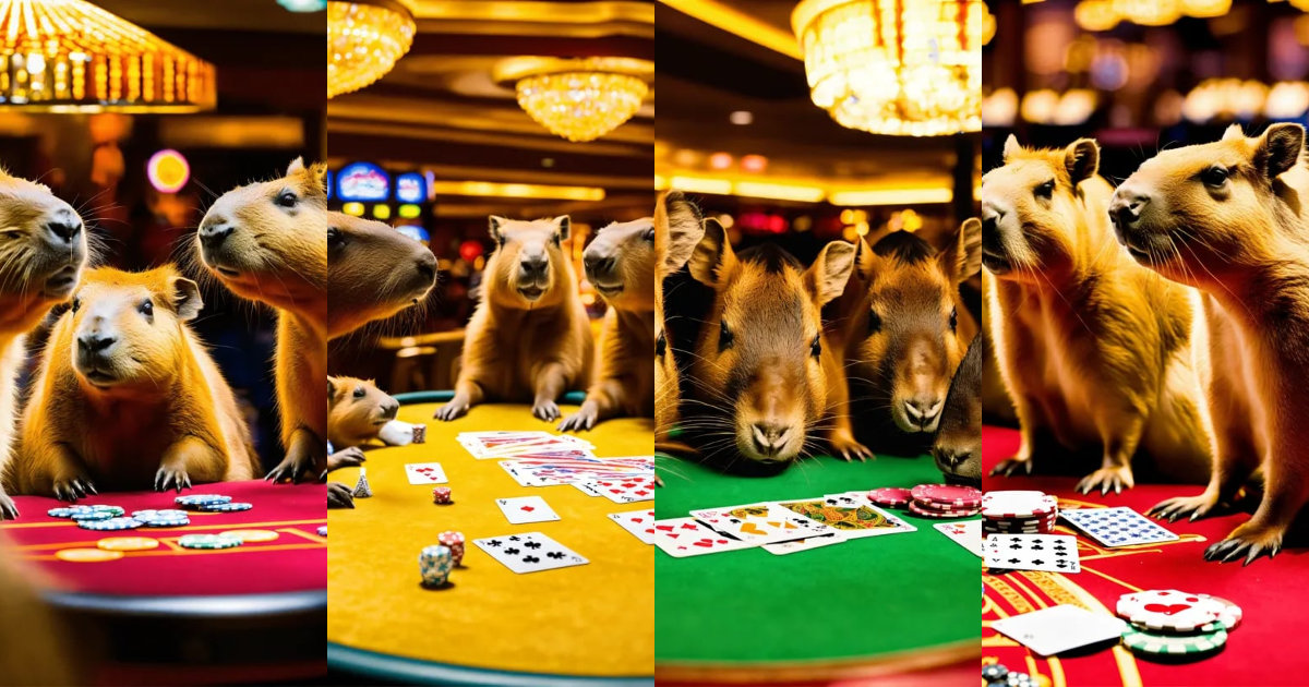 Lexica - Photo of a group of capybaras playing cards in a casino in Las ...