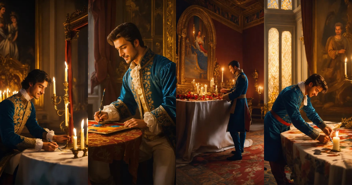 Lexica - A handsome prince is painting a large canvas, in a royal room ...