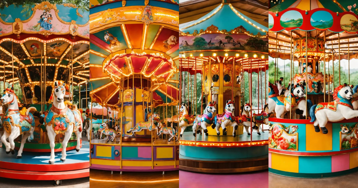 Lexica - Spin with pandas on a whimsical carousel adorned with bright ...