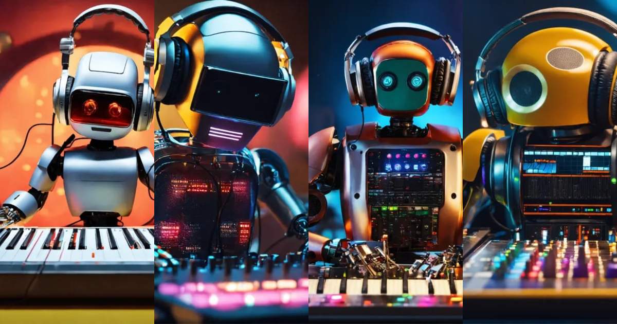 Lexica - A music producer robot is in the studio, with headphones ...
