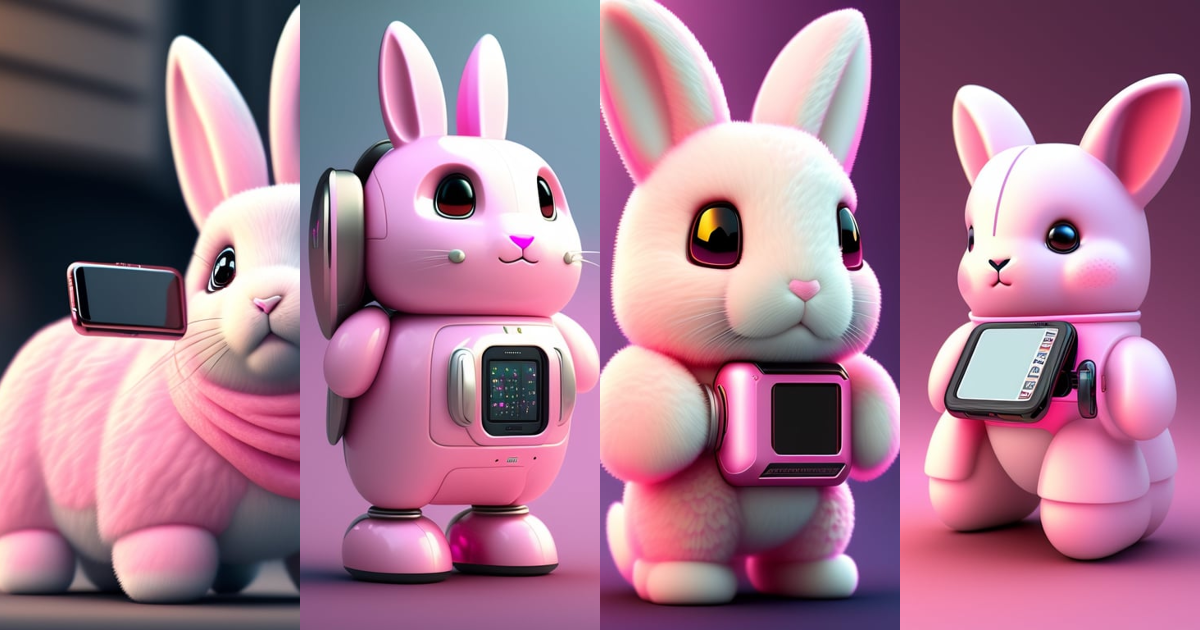 Lexica - Soft Pink Bunny robot working on a smartphone